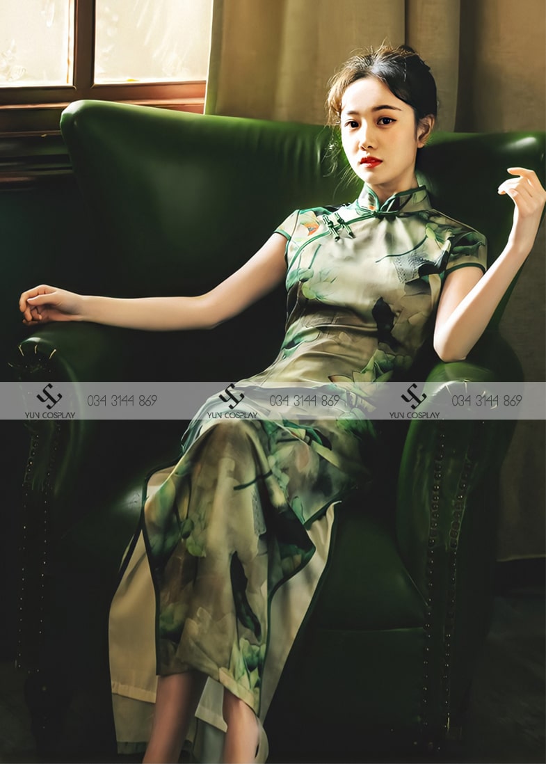 Sườn xám xanh đậm dáng dài - Q007